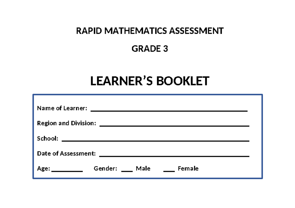 RMA Grade 3 Math Assessment Learner's Booklet Activities - Studocu