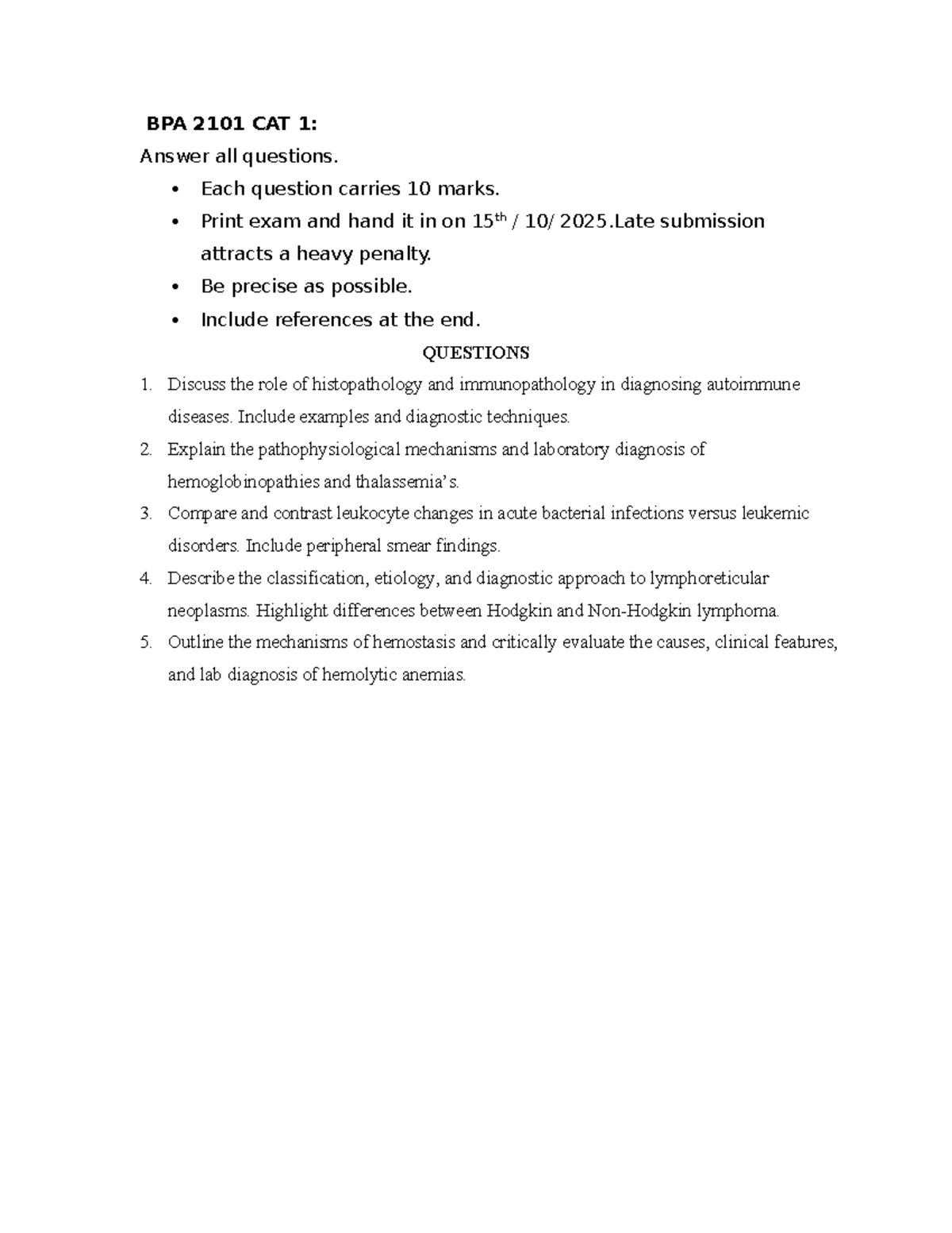 BPA 2101 CAT 1 - Practice Notes for Exam Preparation - Studocu