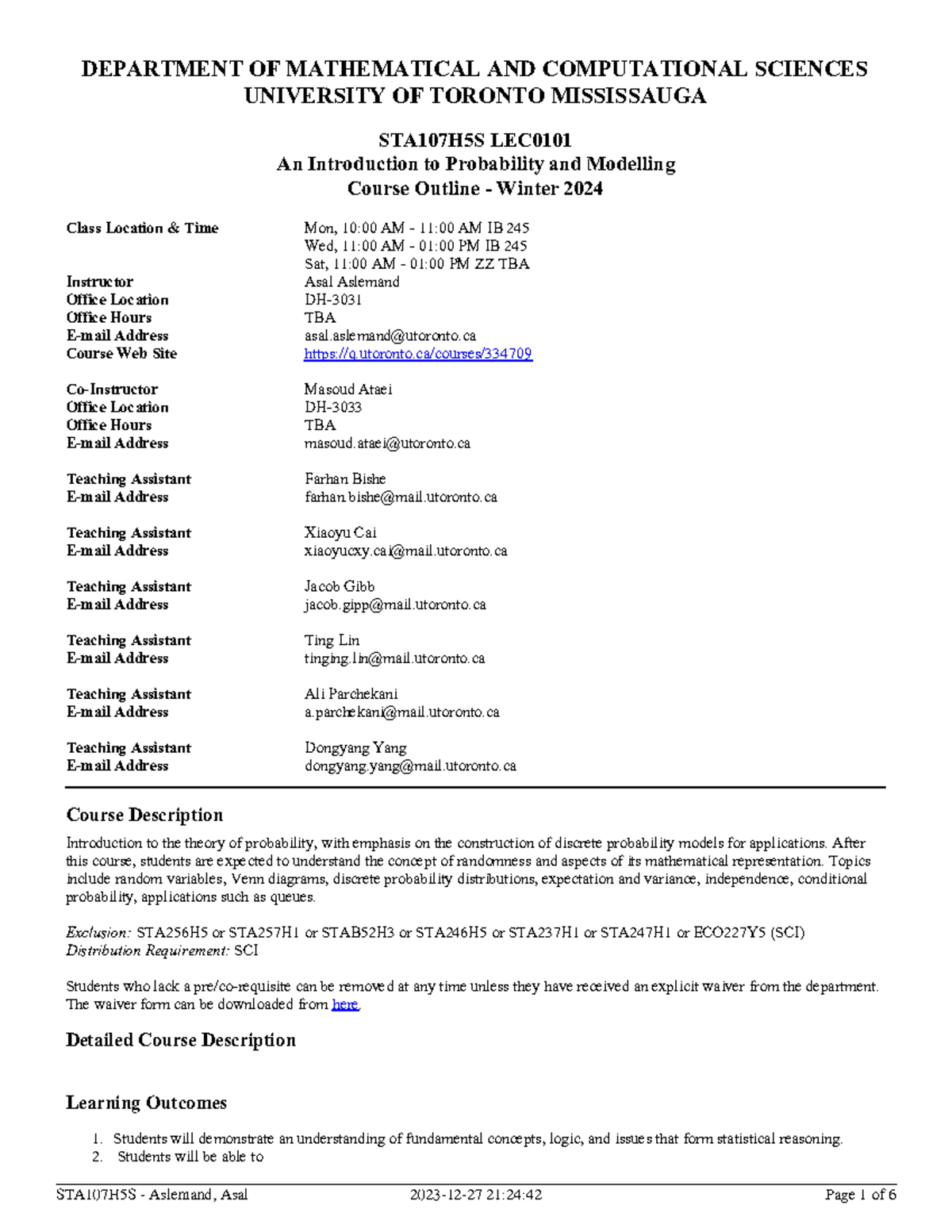 STA107H5S LEC0101: Intro to Probability & Modelling Course Outline ...