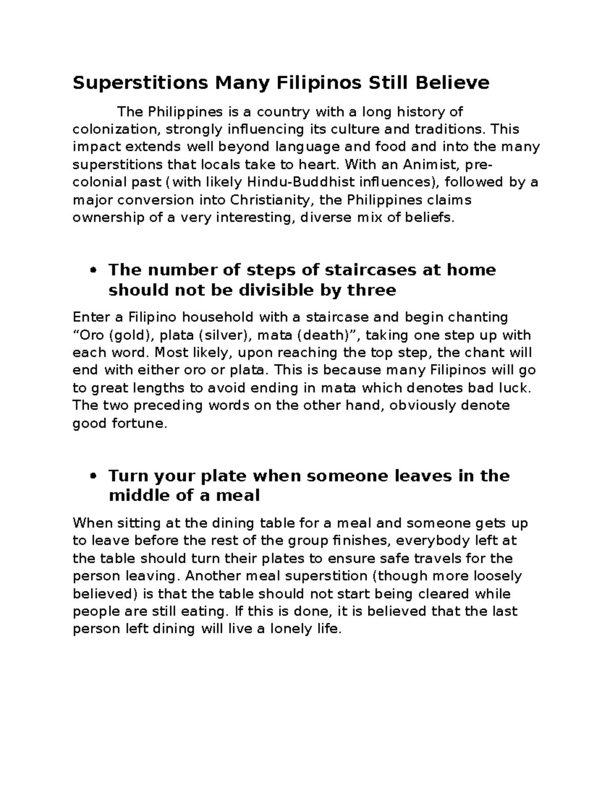 Filipino Superstitions: Cultural Beliefs and Traditions Insights - Studocu