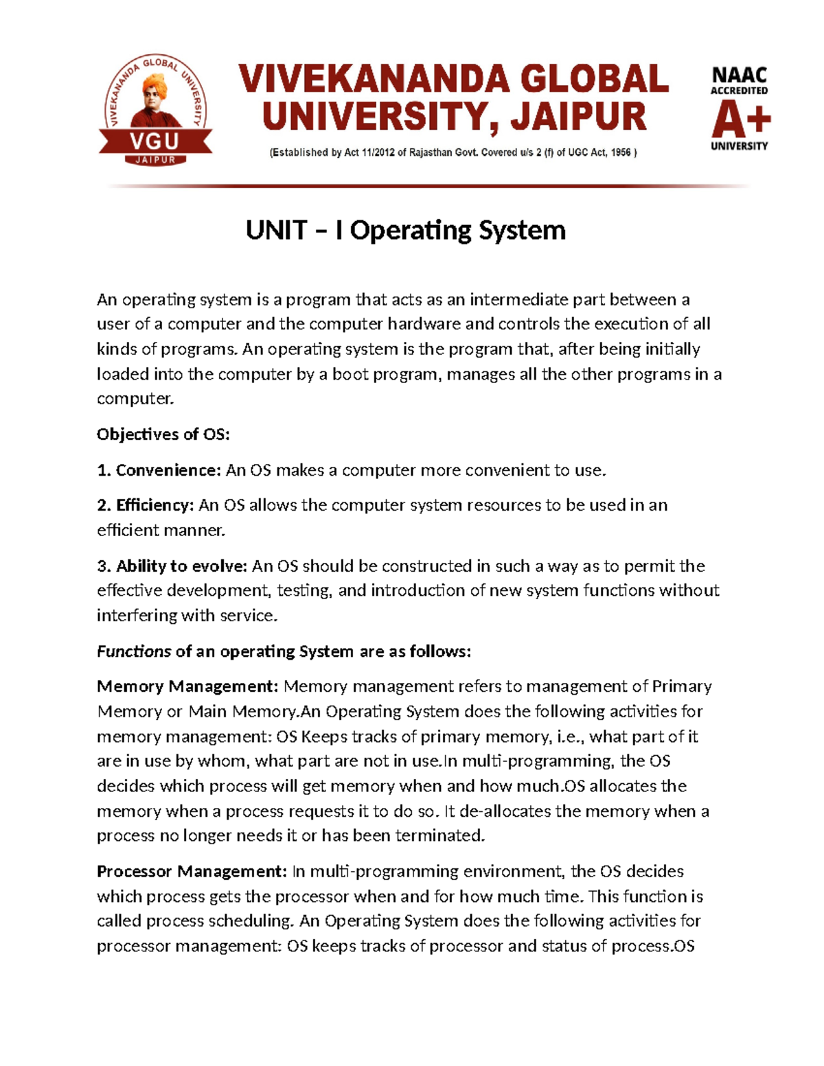 BCA III Sem Unit-1: Introduction to Operating Systems - Studocu