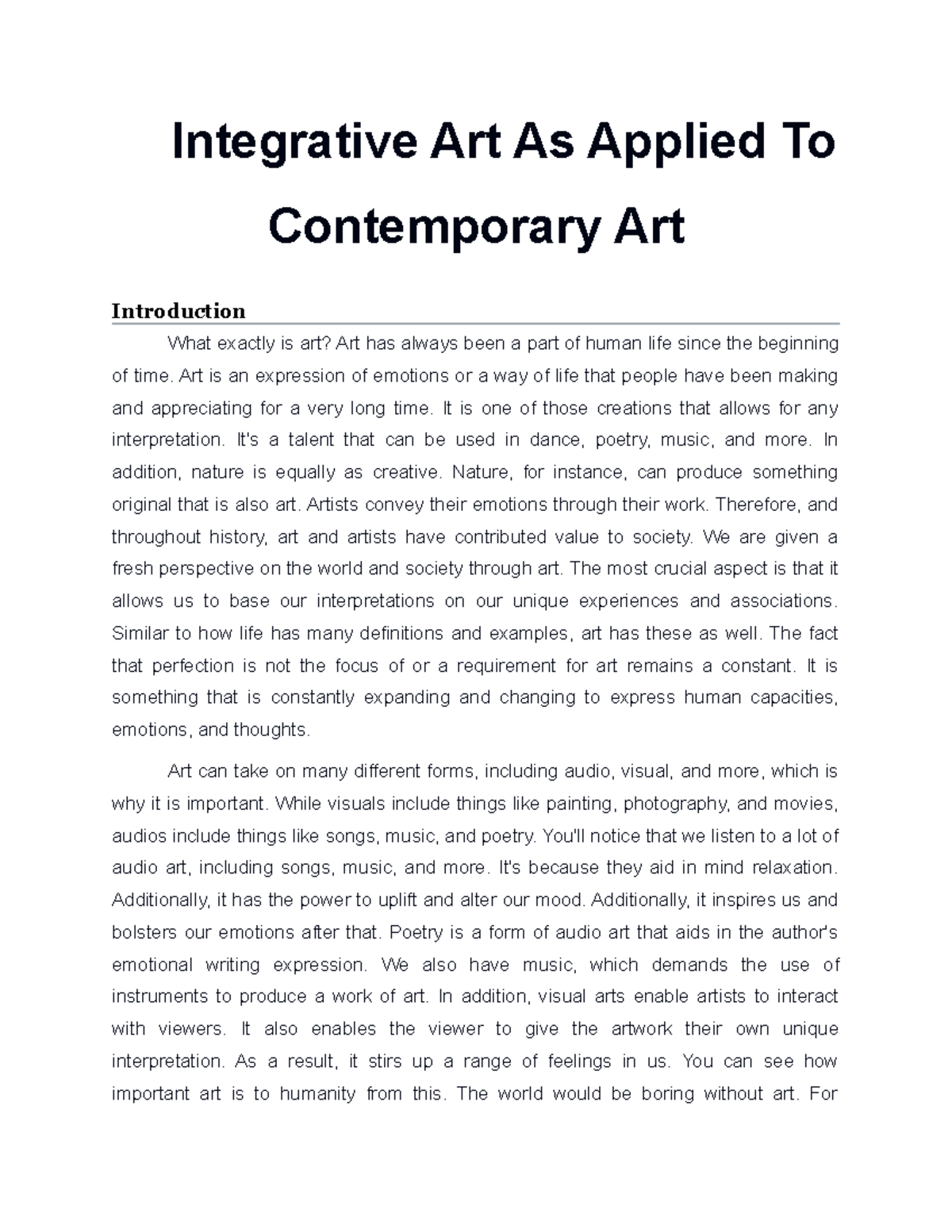 Integrative Arts & Their Application in Contemporary Art Studies - Studocu