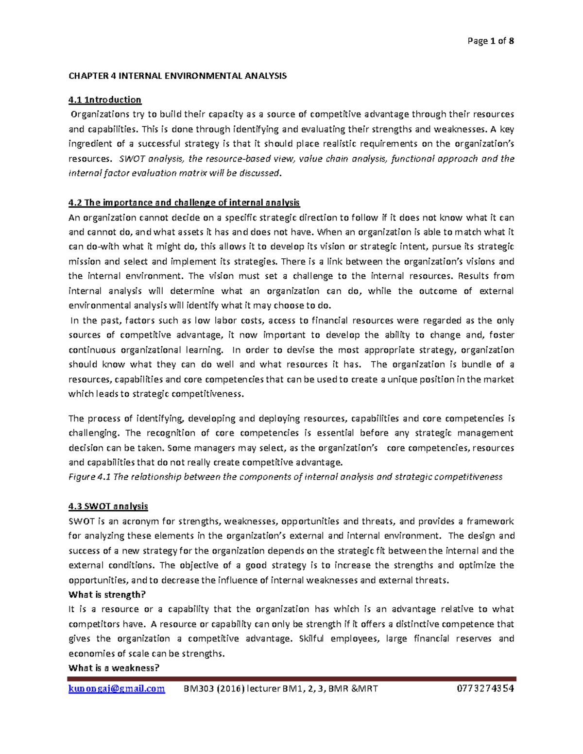 Chapter 4: Internal Environmental Analysis and Strategic Insights - Studocu