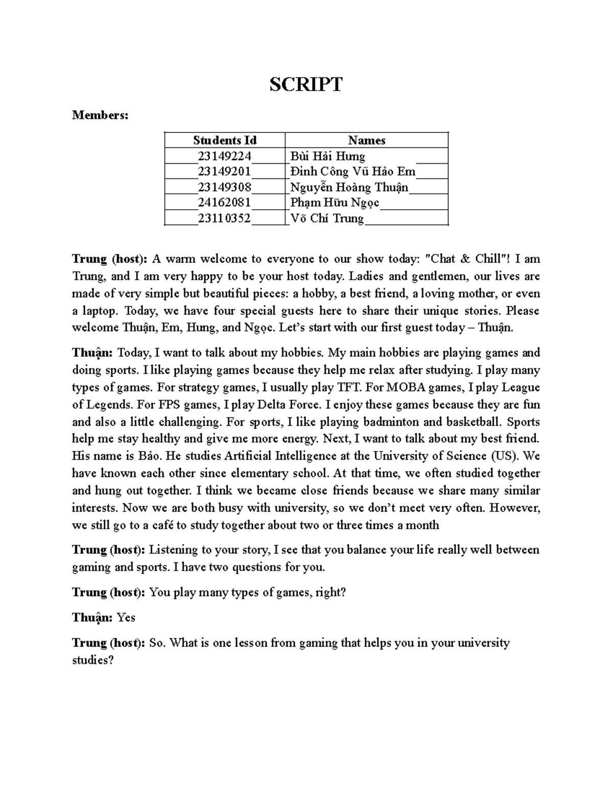 SCRIPT: Student Stories and Hobbies - AVAN - Studocu
