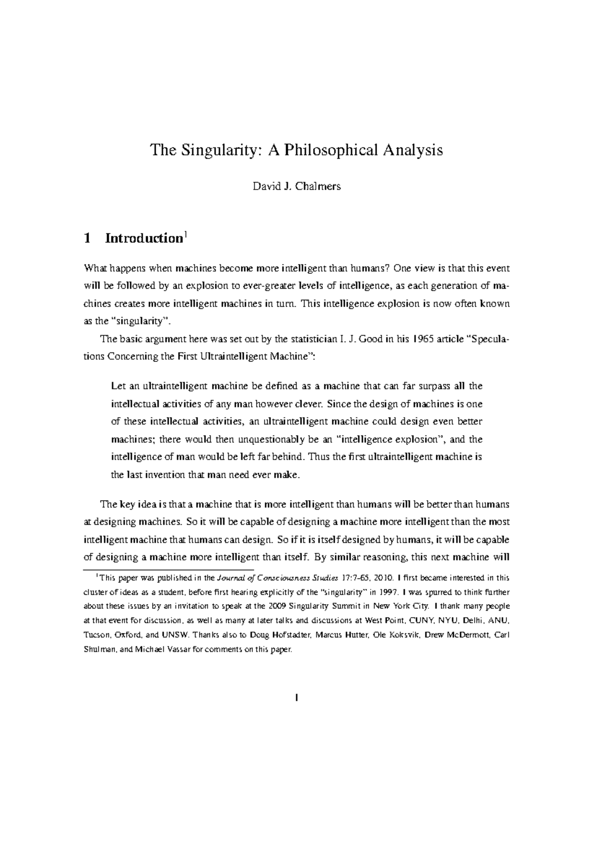 Philosophical Insights on Singularity: Analyzing Chalmers' Views - Studocu