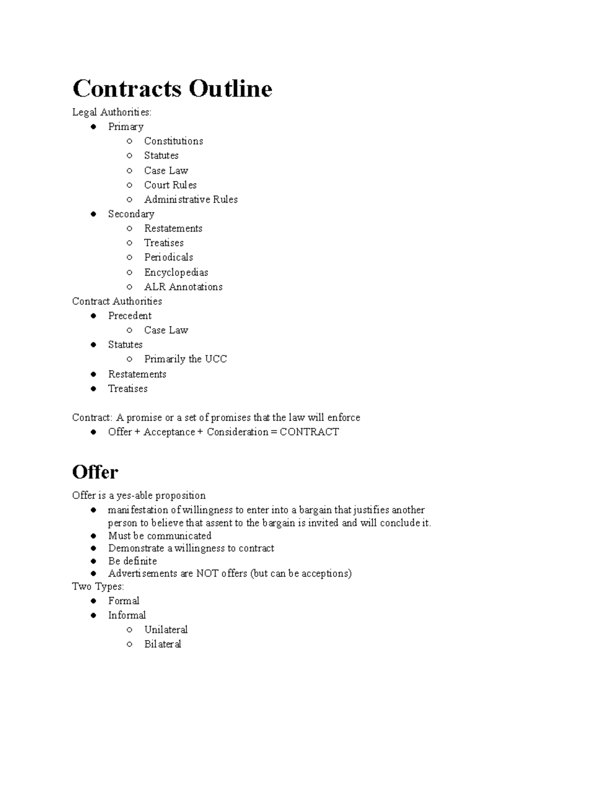 Contracts Outline - Legal Authorities and Key Concepts - Studocu