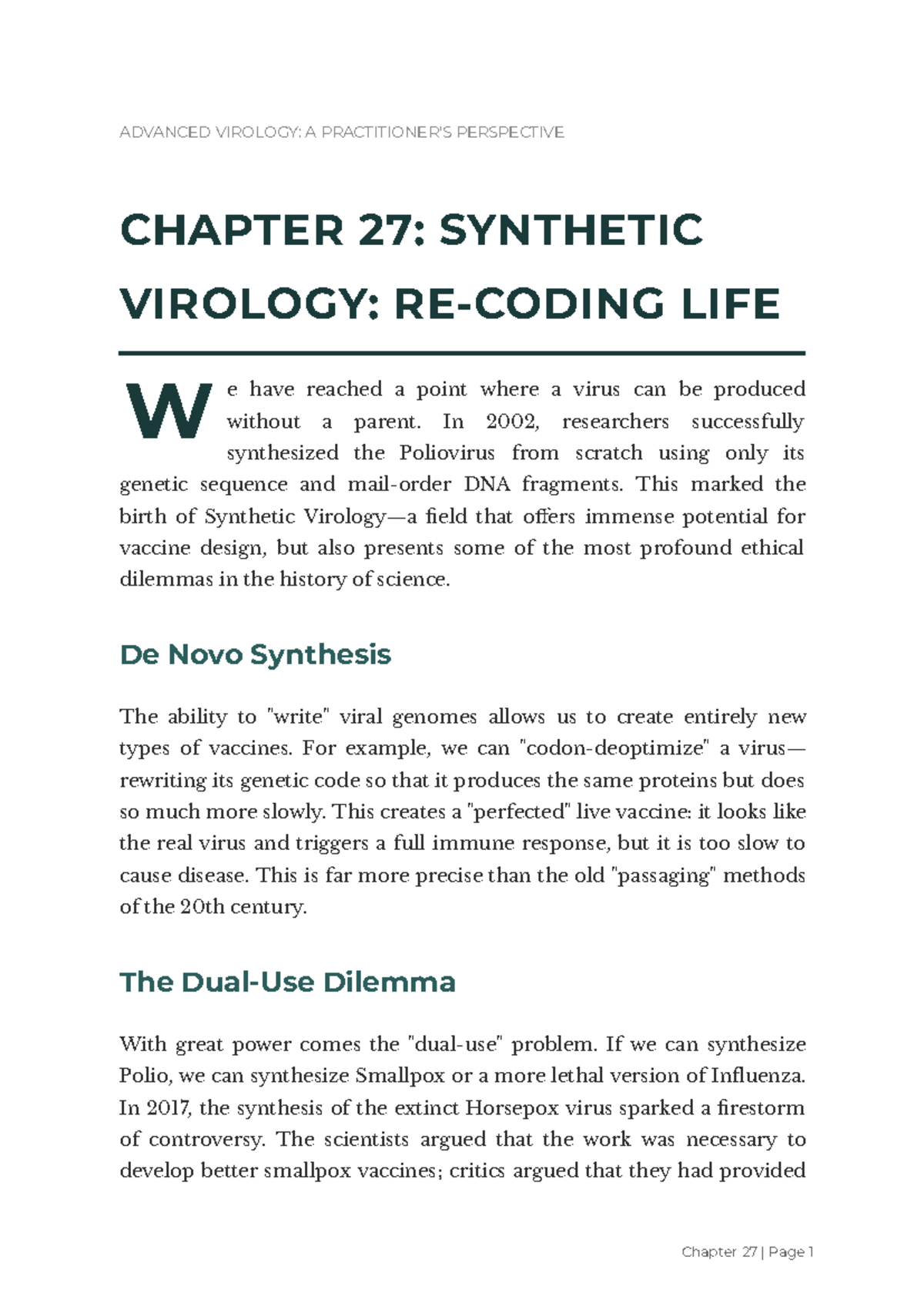 ADVANCED VIROLOGY: CH 27 SYNTHETIC VIROLOGY & ETHICS - Studocu