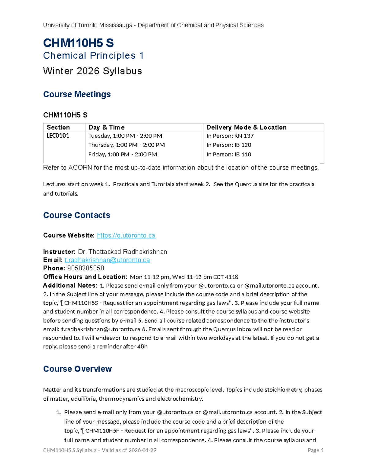 CHM110H5 S Winter 2026 Chemical Principles 1 Syllabus and Course Info ...