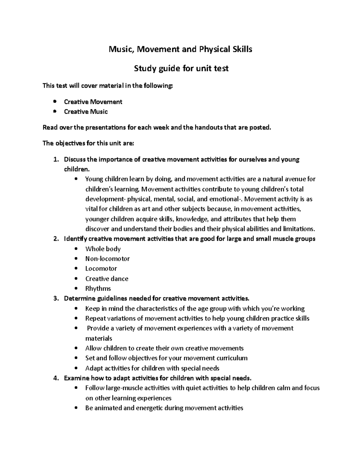 Music and Movement Unit Test Study Guide for Early Childhood Education ...