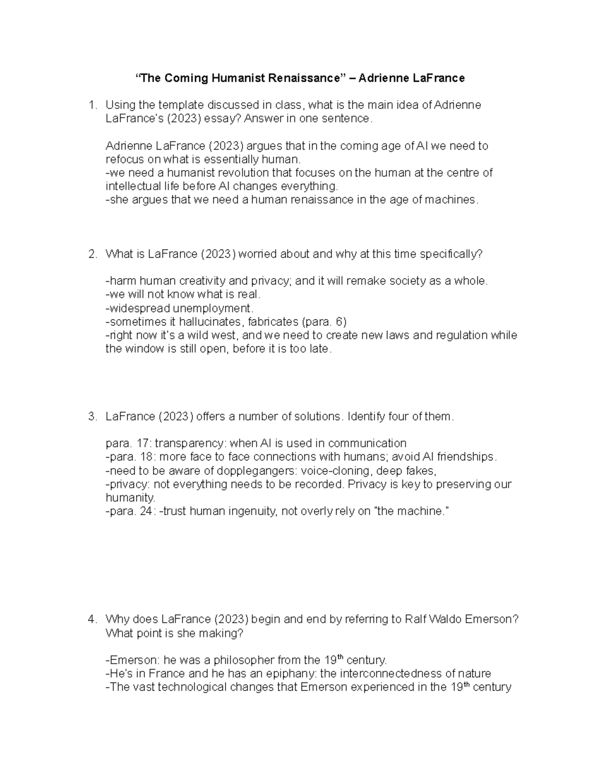 The Coming Humanist Renaissance Discussion Answers - “The Coming ...