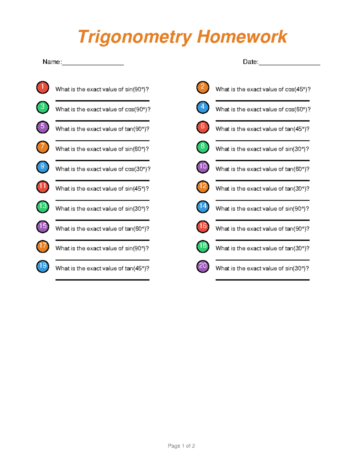 Trigonometry Homework 2: Exact Values and Problem Solving - Studocu