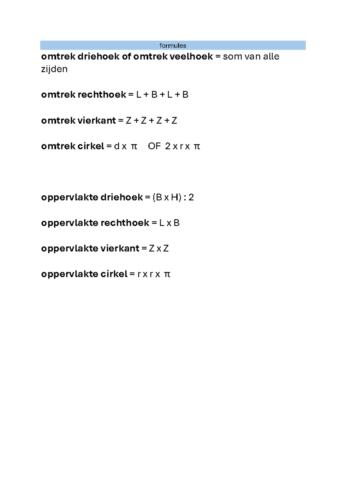 Formules wiskunde omtrek en oppervlakte - Wiskunde - formules omtrek ...