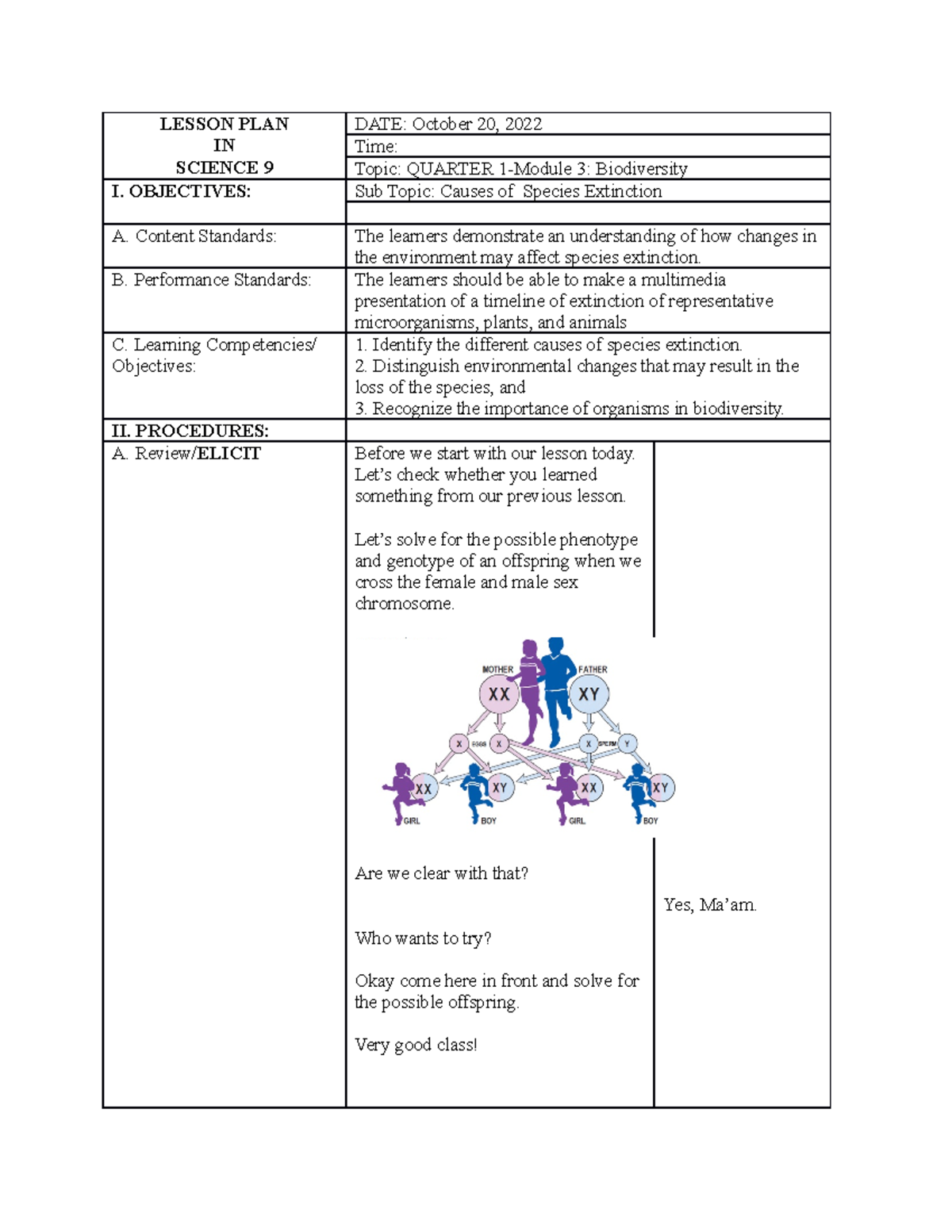 Science 9 Lesson Plan: Biodiversity & Species Extinction Causes - Studocu