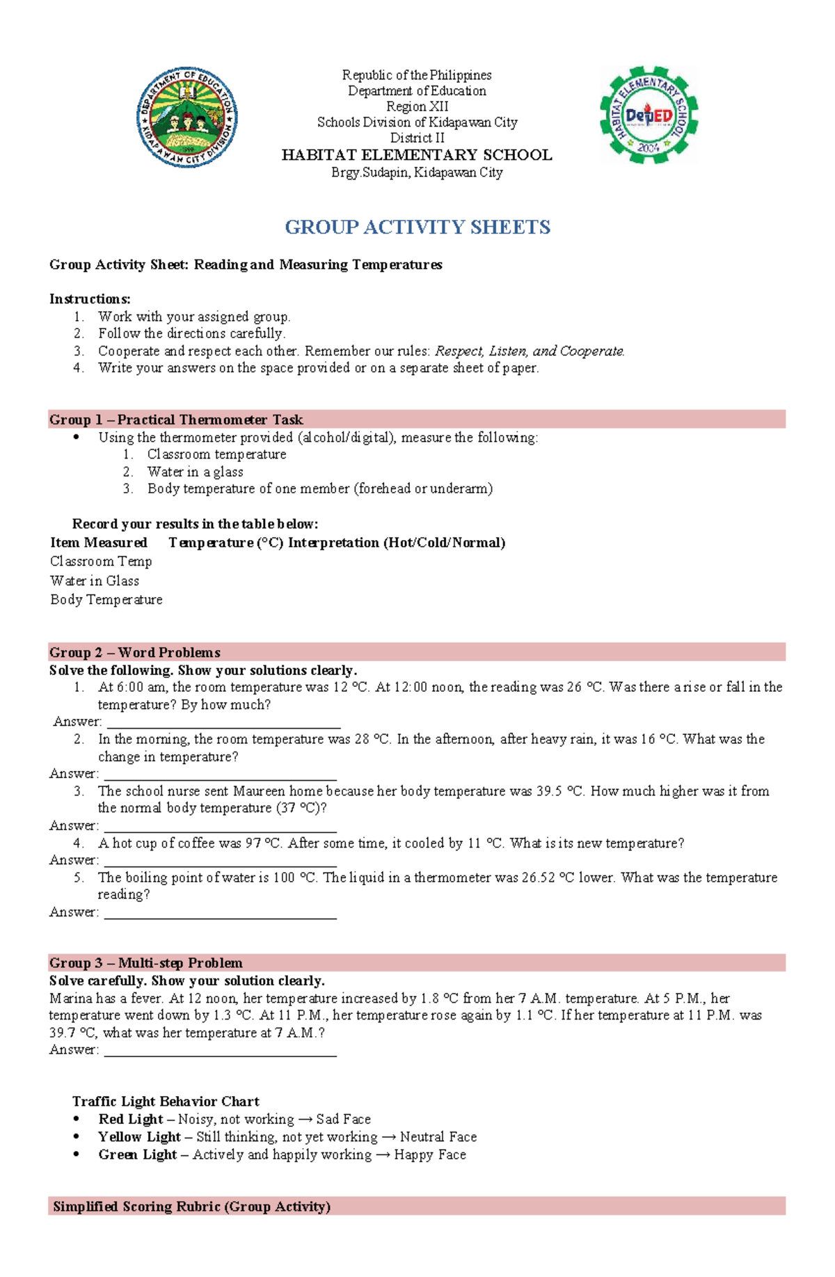 Group Activity Sheet: Reading & Measuring Temperatures - Studocu