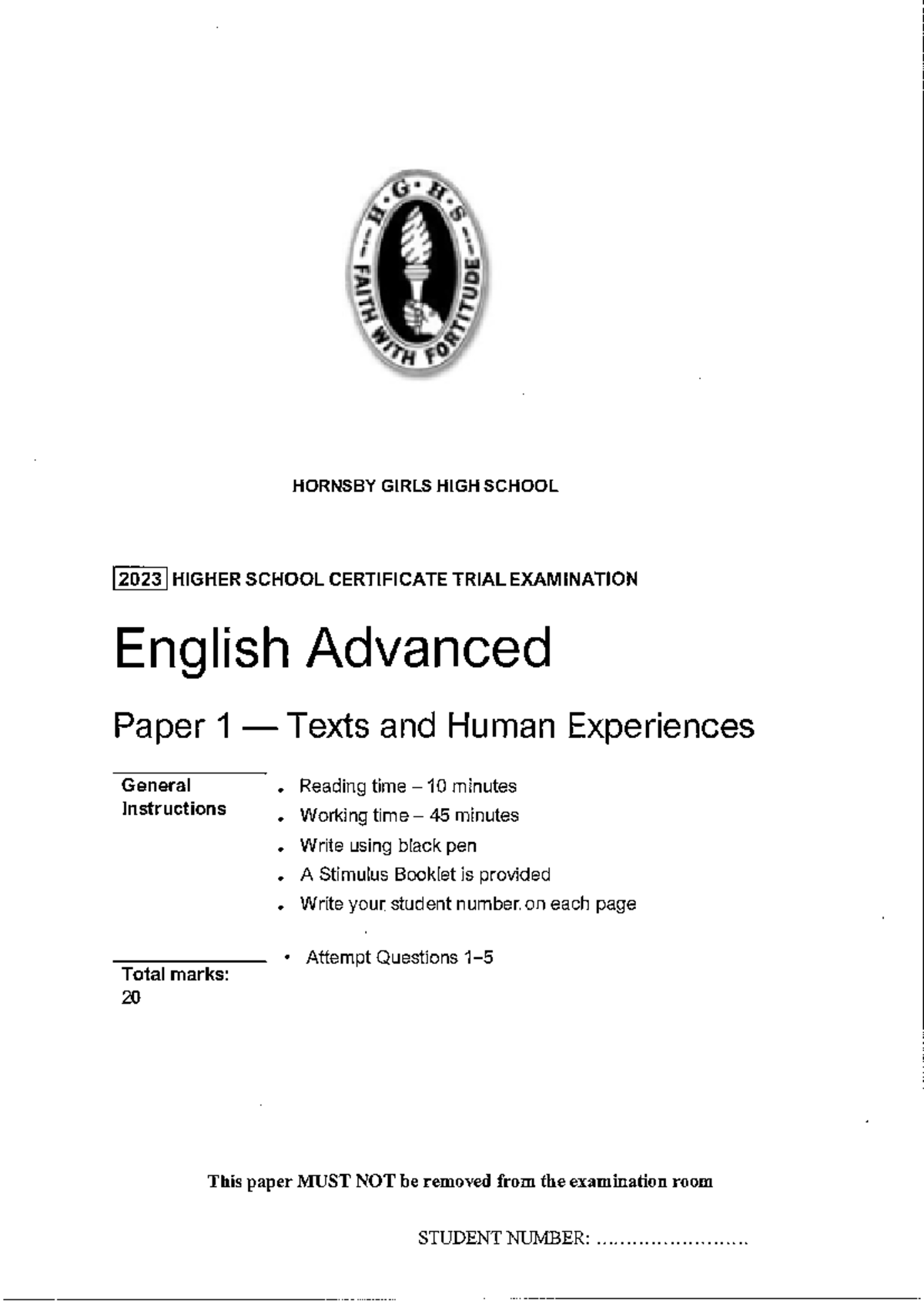 Hornsby Girls 2023 HSC English Adv Trial Exam Paper 1: Texts & Human ...