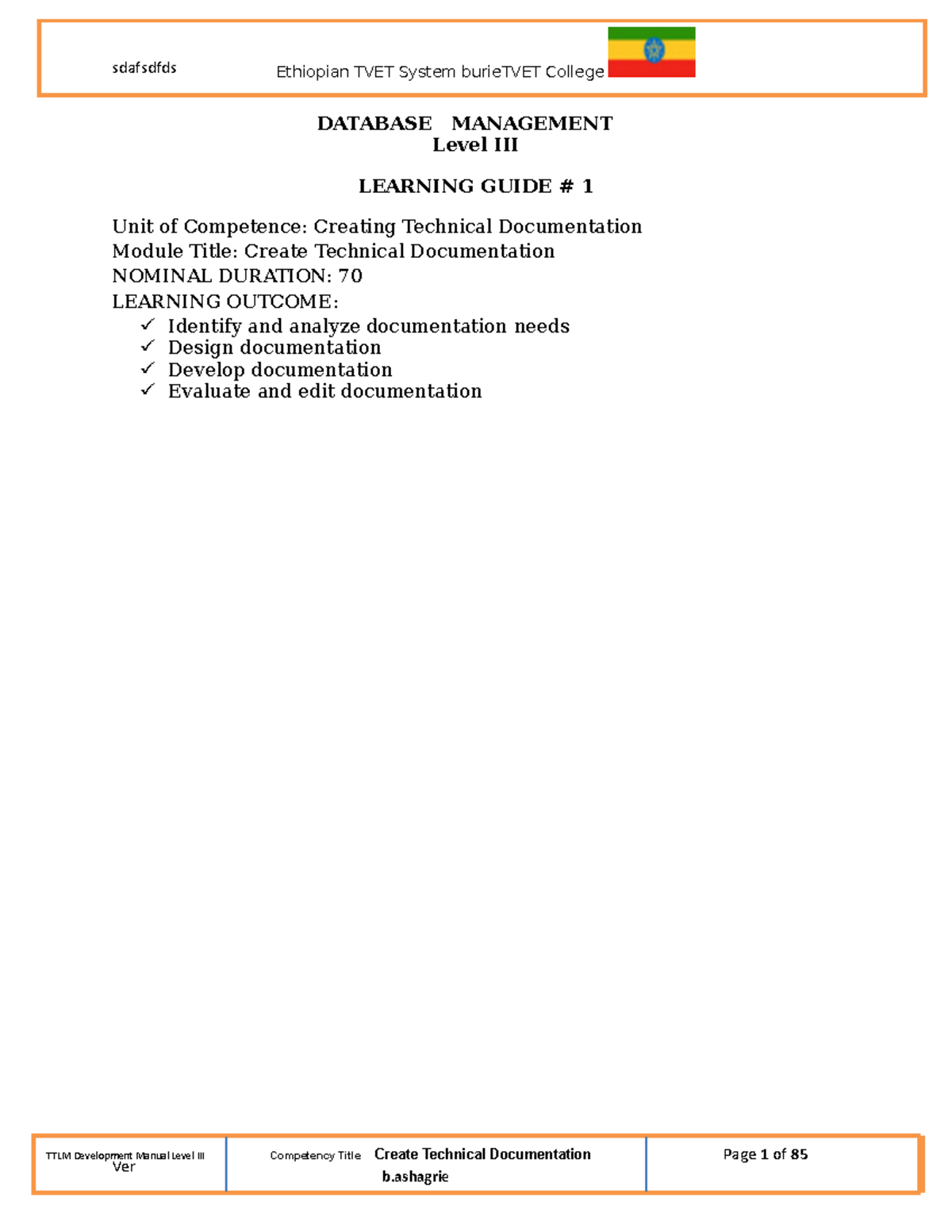 Creating Technical Documentation TTLM final - Ethiopian TVET System burieTVET College TTLM - Studocu