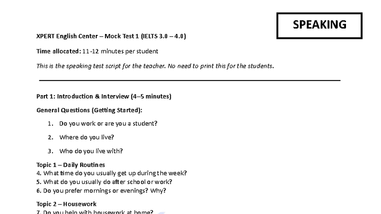 Mock Test 1 ( Ielts 34) - Speaking - XPERT English Center – Mock Test 1 ...