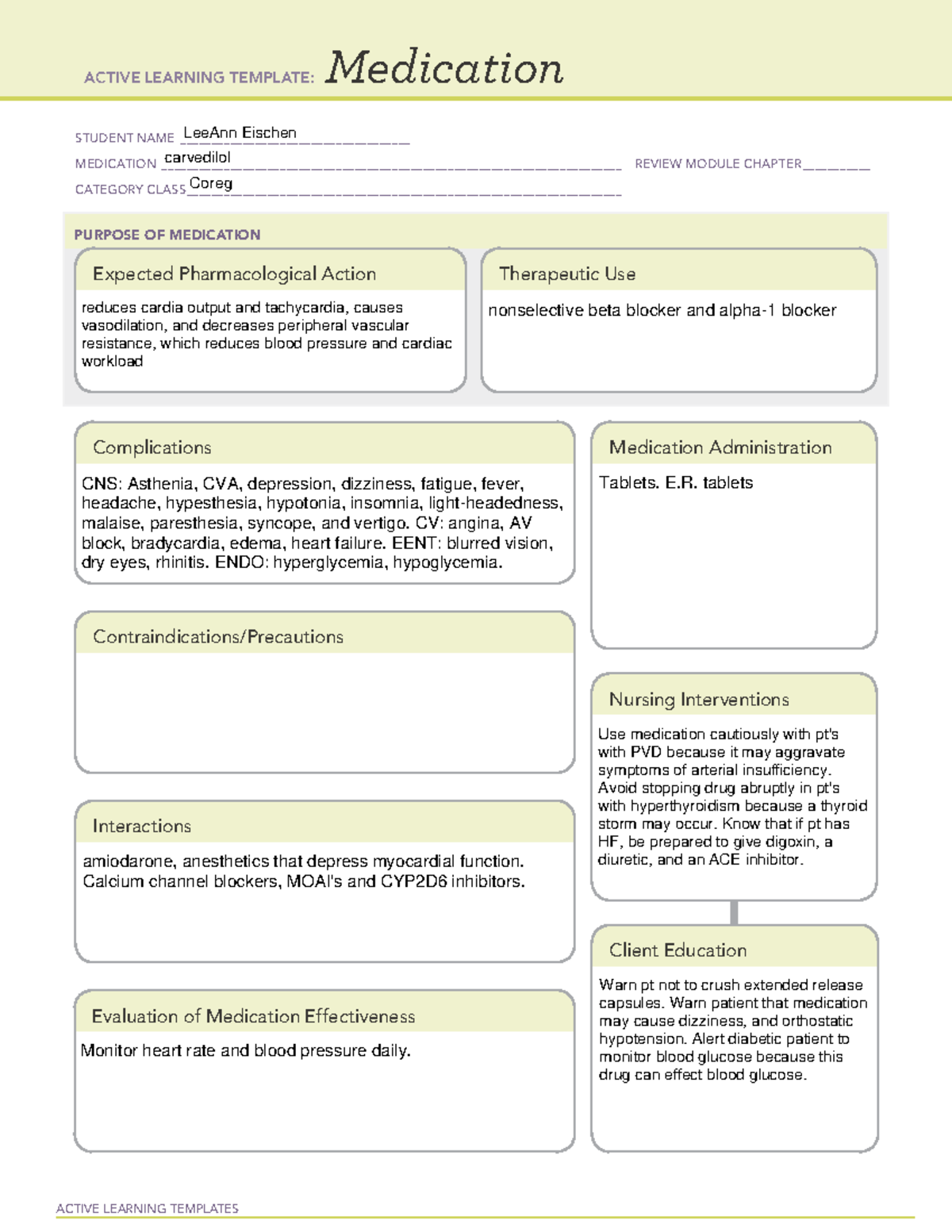 Carvedilol (Coreg) Medication Sheet Template - ATI Active Learning ...