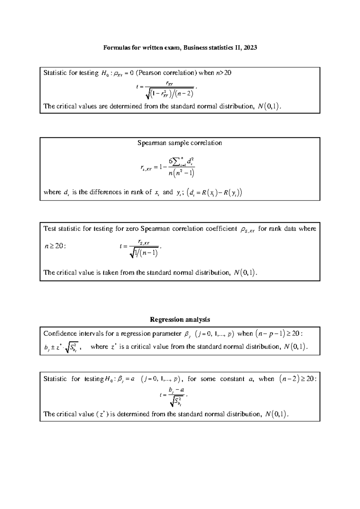 Formula sheet Busstat II 2023 03 20 - Formulas for written exam ...