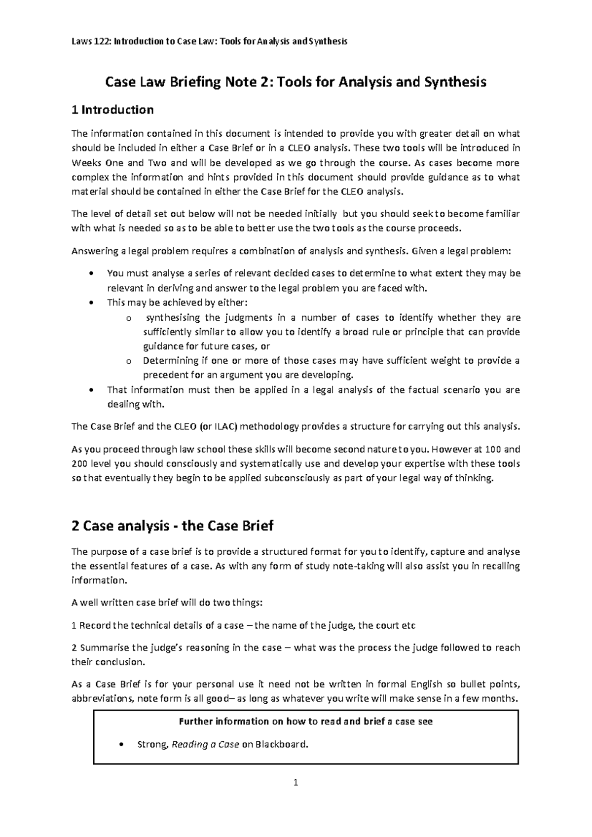 LAWS122 Brief 2 Tools of Analysis and Synthesis - Case Law Briefing ...