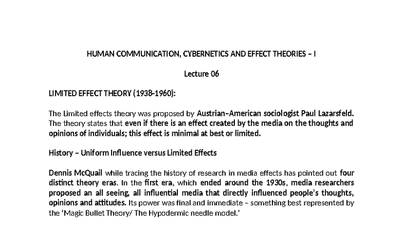 HUMAN COMMUNICATION, CYBERNETICS & LIMITED EFFECT THEORY I - Lec 06 ...