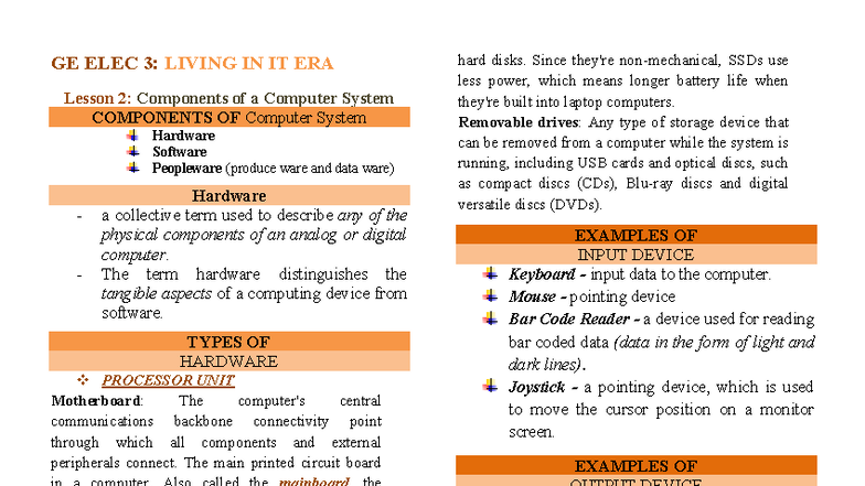 GE ELEC 3: LIVING IN IT ERA Lesson 2 - Computer System Components - Studocu