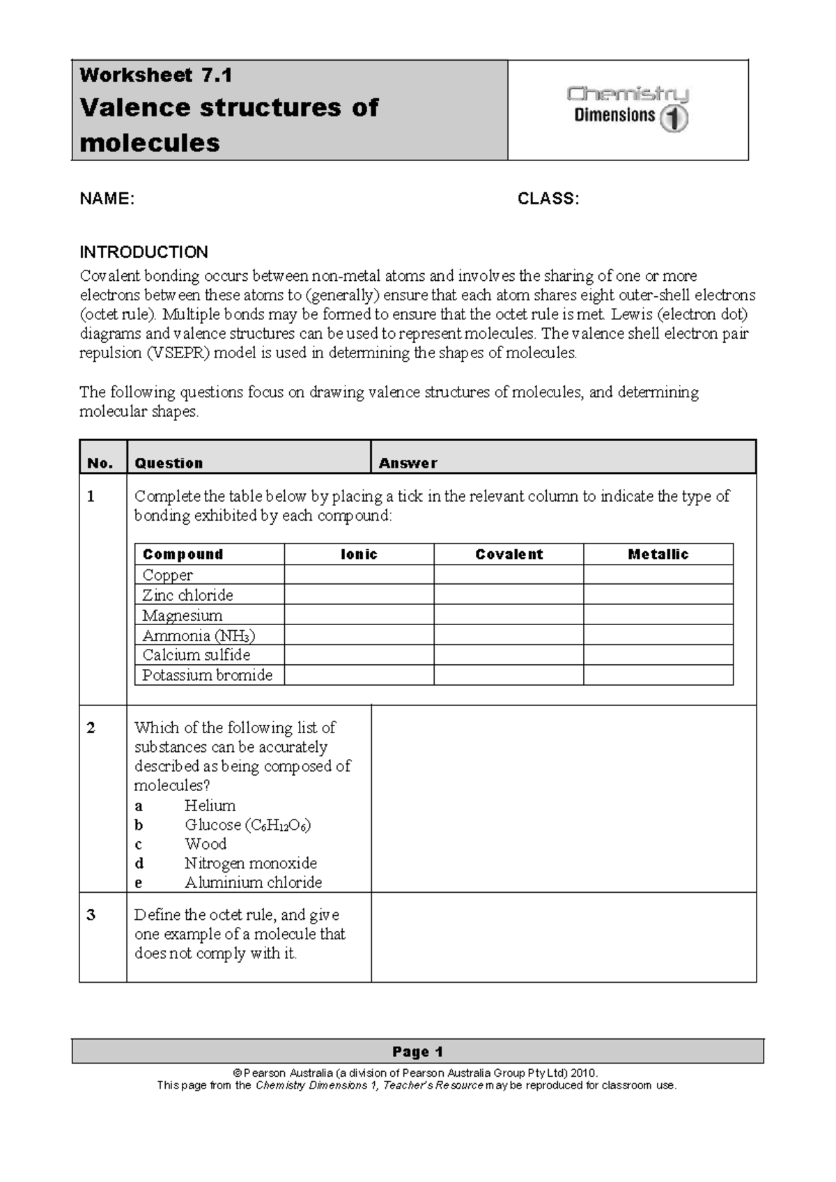 Worksheet 7.1: Valence Structures & Molecular Shapes (VSEPR) - Studocu