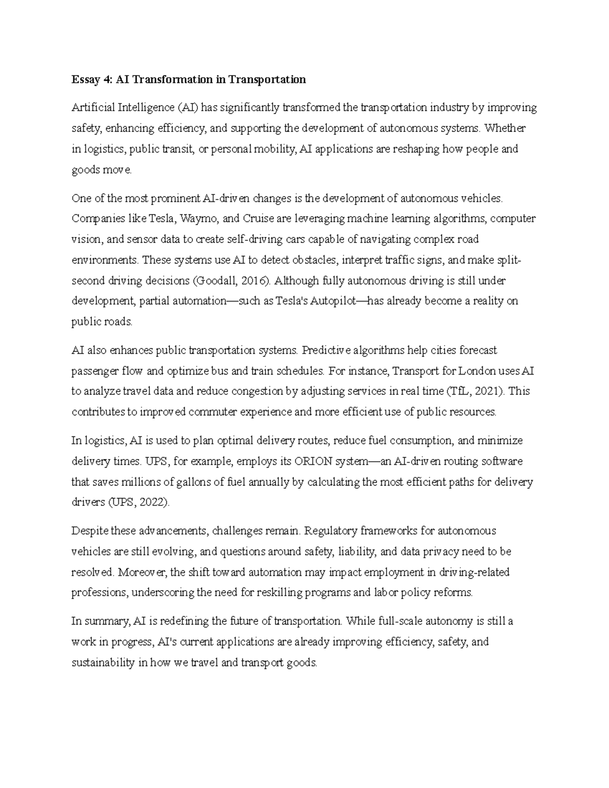 Essay 4: AI Transformation in Transportation and Logistics - Studocu