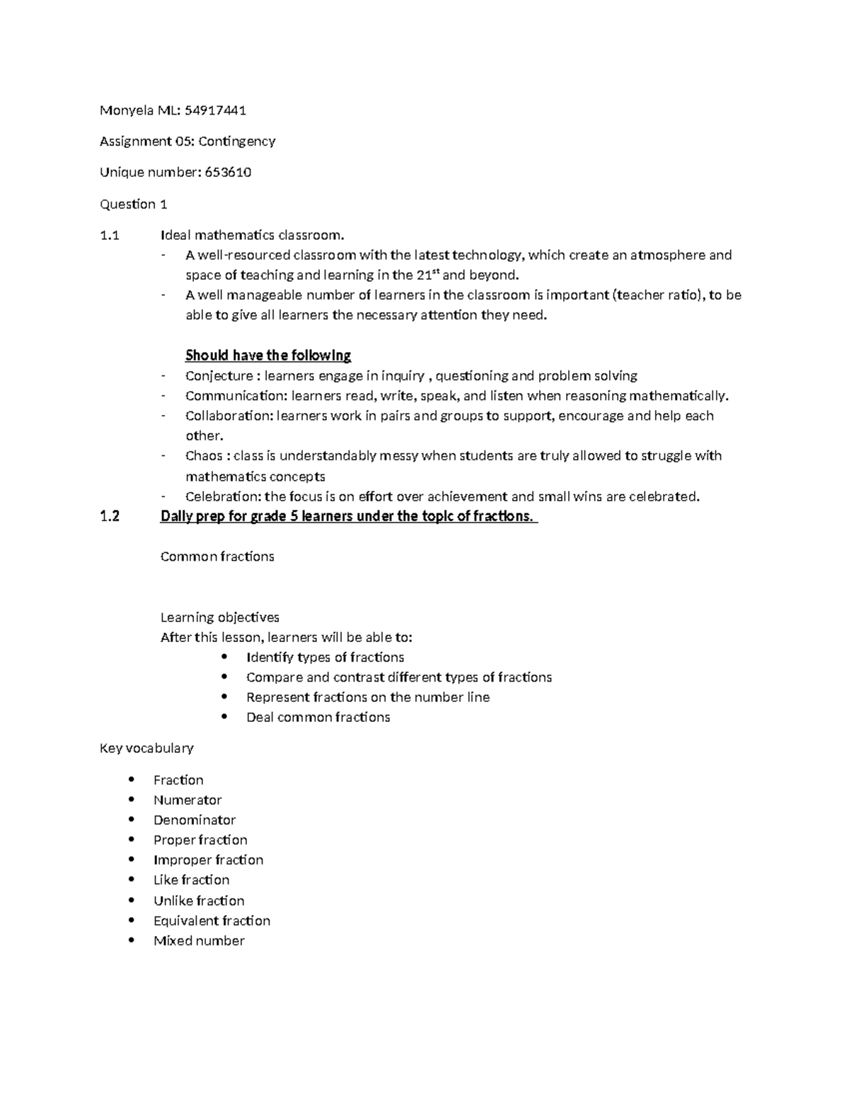 Monyela ML: 54917441 Assignment 05 - Ideal Math Classroom & Fractions - Studocu