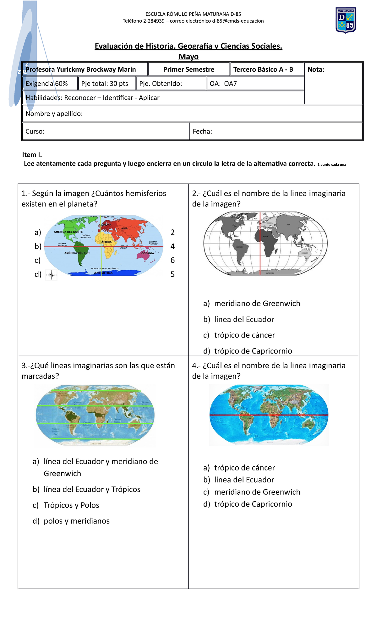 MAYO - Prueba de Historia 3º Básico A-B - Evaluación de Geografía - Studocu
