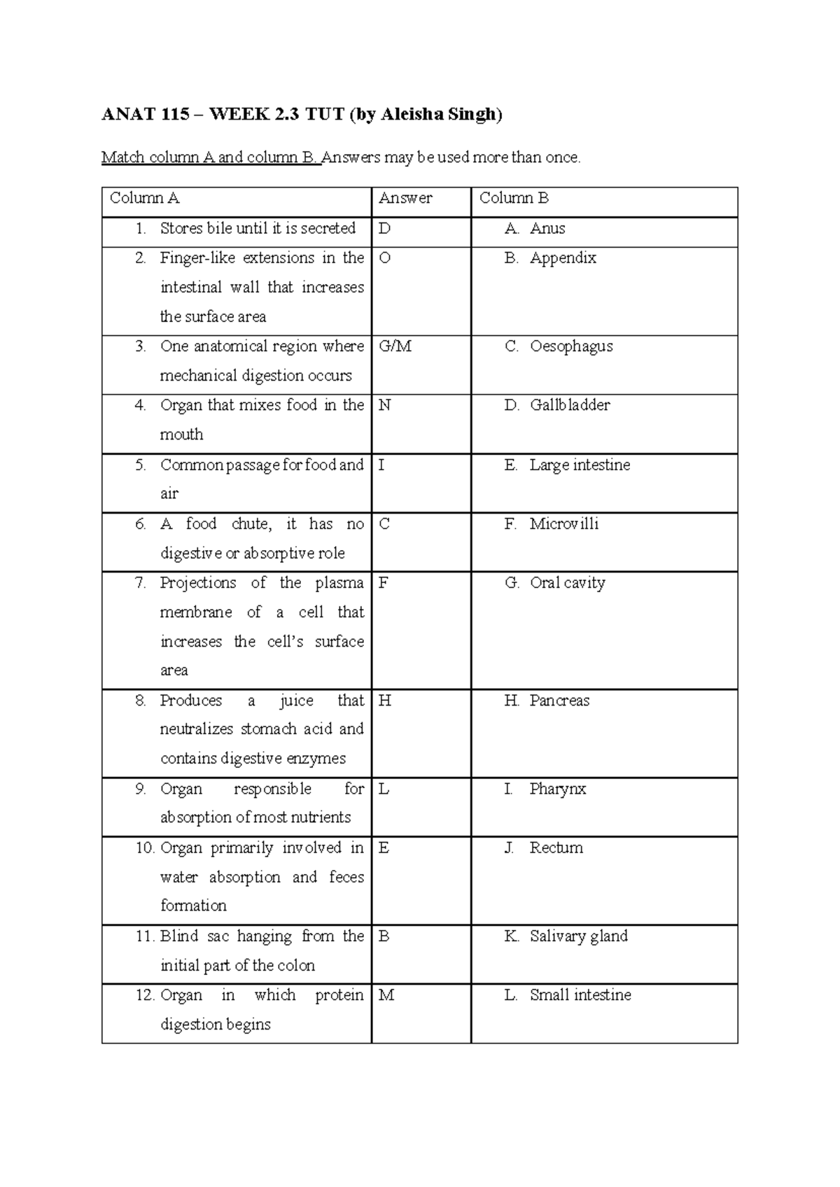 ANAT 115 WEEK 2.3 TUTORIAL WITH ANSWERS AND MATCHING EXERCISES - Studocu