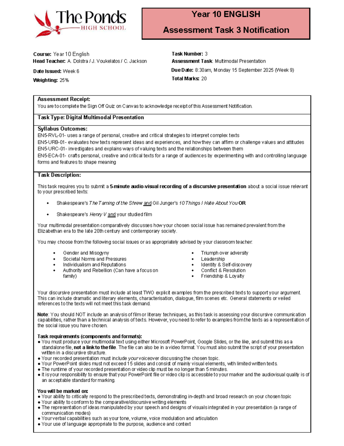 Year 10 ENGLISH Task 3: Multimodal Presentation Guidelines - Studocu