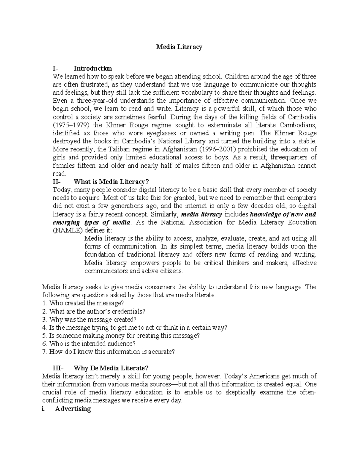 Media literacy I: Understanding the importance and impact of media ...