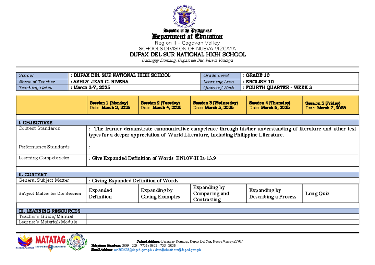 DAILY LESSON LOG FOR MODULE 3 GRADE 10 - Department of Education Region ...