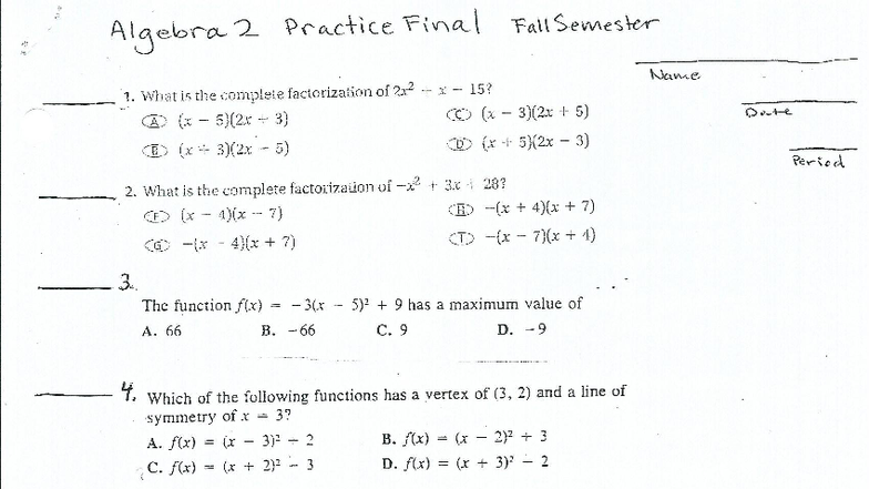 Algebra 2 Practice Final Solutions - Fall Semester 2014 - Studocu
