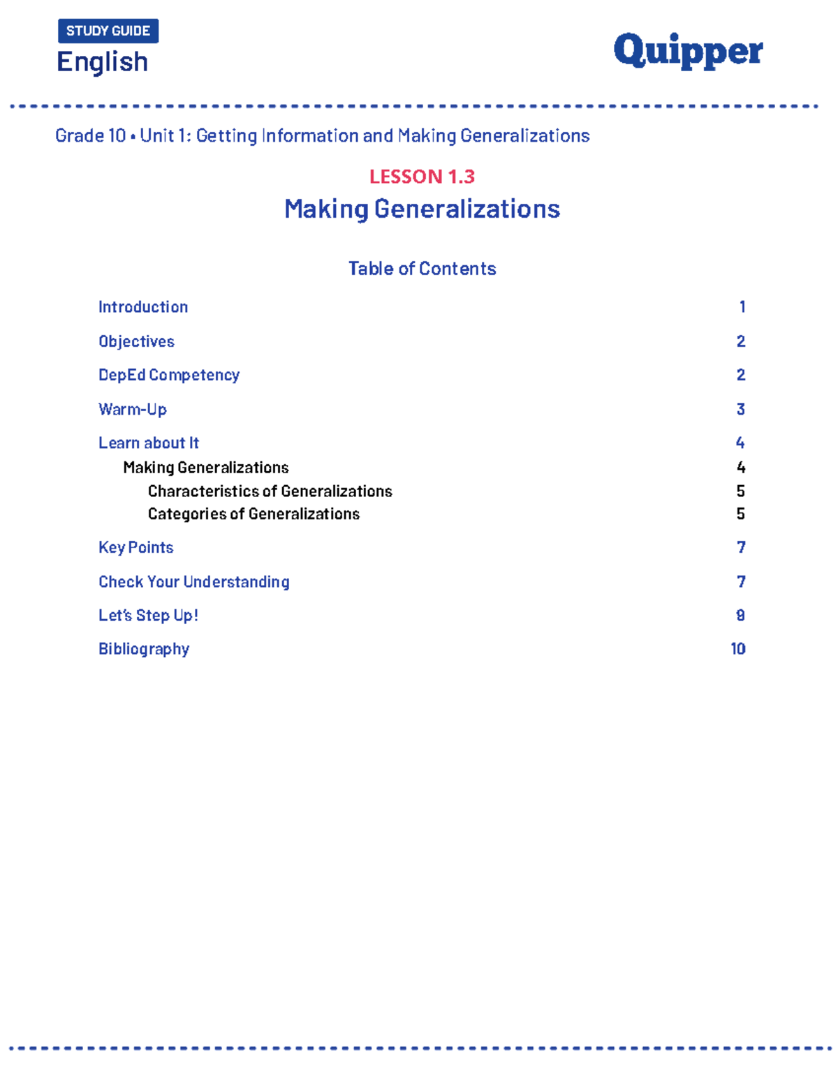 ME Eng 10 Q1 0103 SG Lesson on Making Generalizations in Communication - Studocu