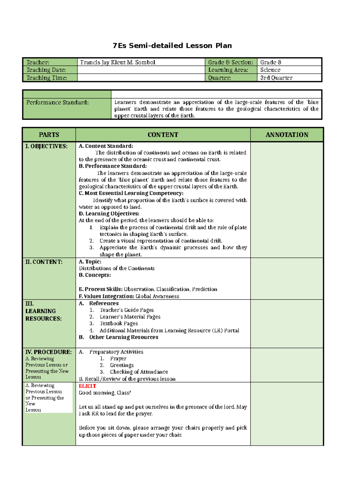 7Es - Semi-detailed Lesson Plan on Continental Drift (Grade 8 Science ...