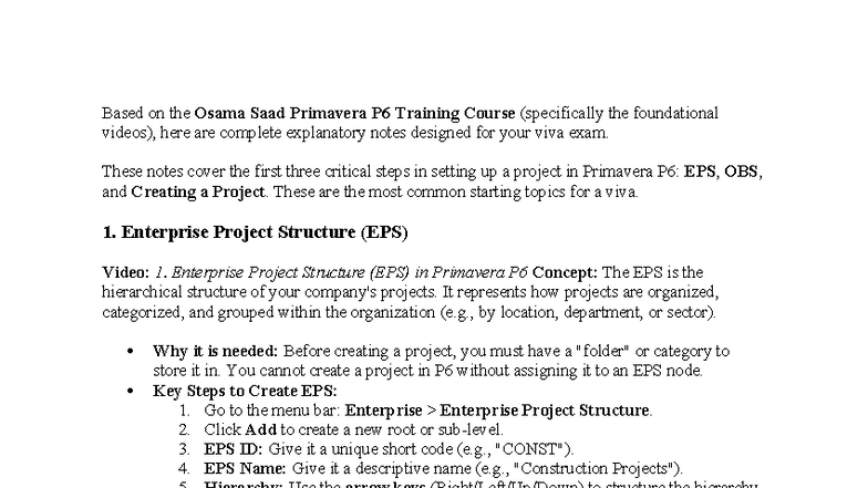 Primavera P6 Training Notes for Viva Exam Preparation - Studocu