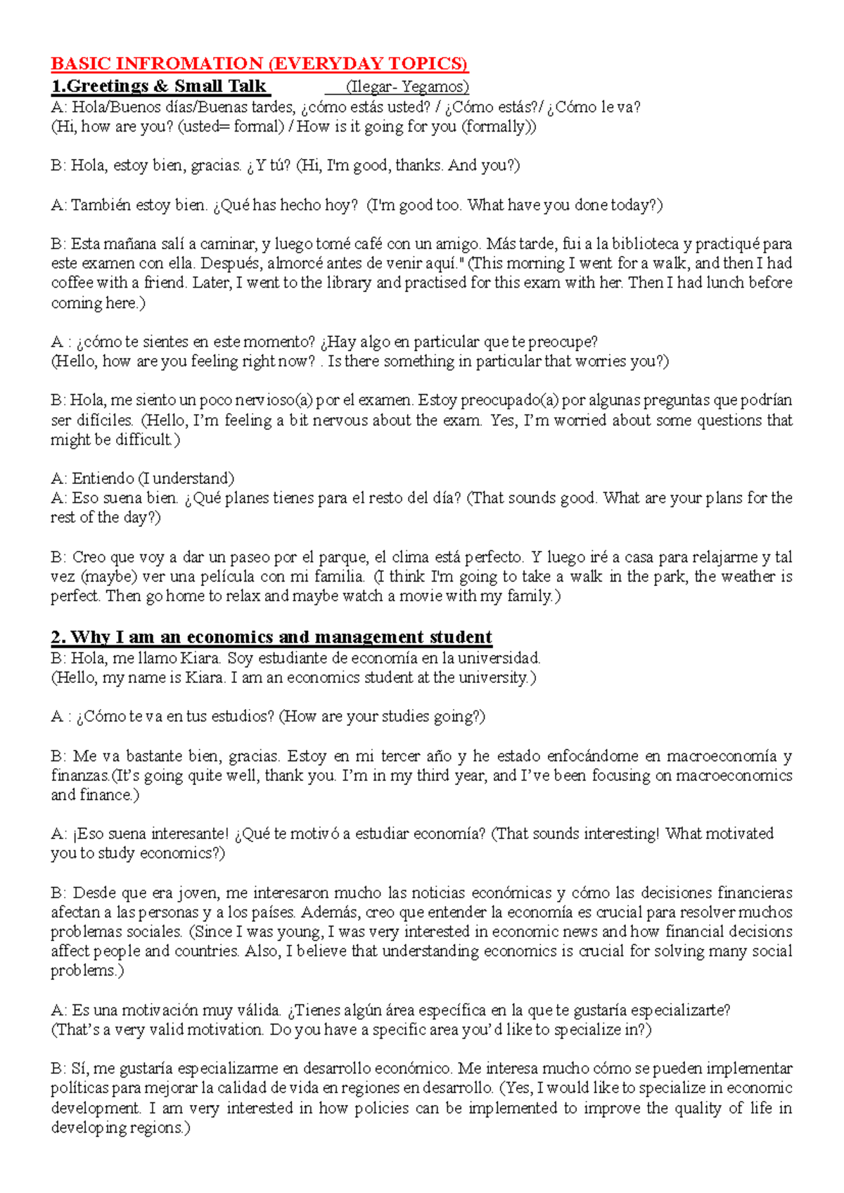 Spanish oral script - dialogues for conversation structure and practice ...