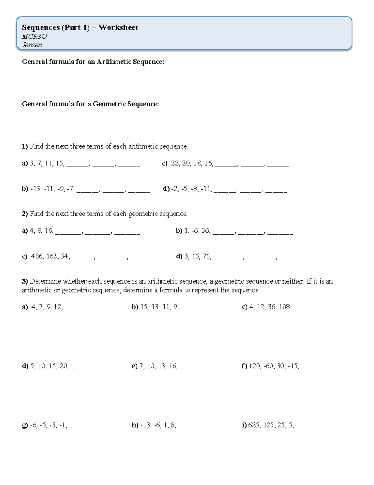 MCR3U Sequences Worksheet: Arithmetic & Geometric Sequences - Studocu