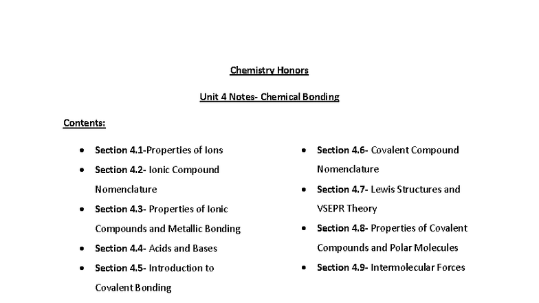 KEY- Chemistry Honors Unit 4: Chemical Bonding Notes and Handouts - Studocu