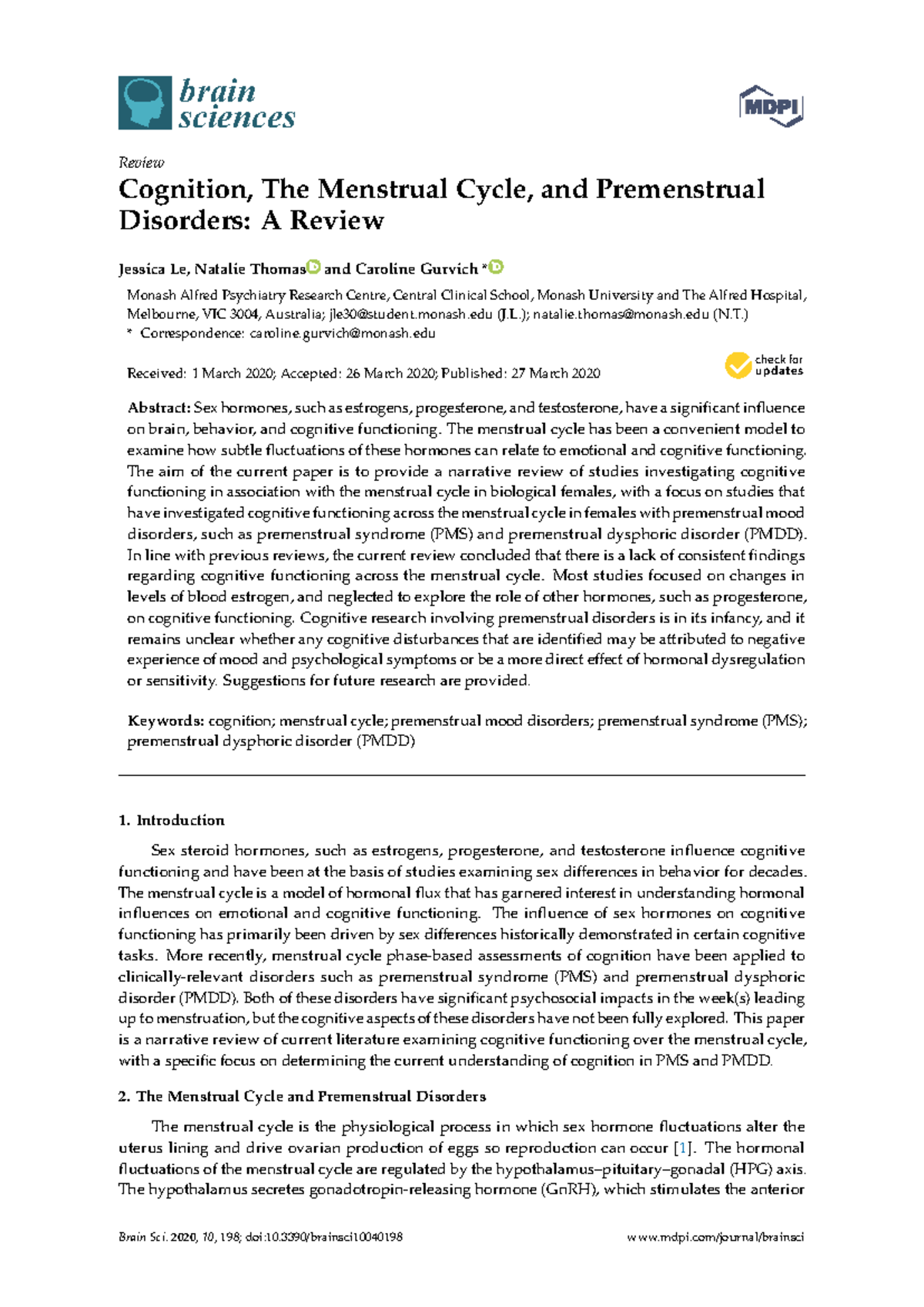 Cognition, The Menstrual Cycle - brain sciences Review Cognition, The ...