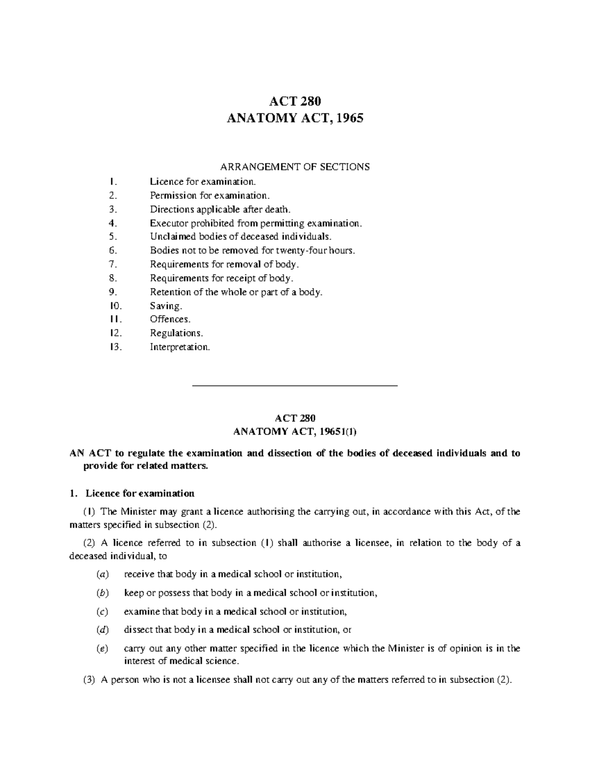 ACT 280 Anatomy Act, 1965: Regulations on Body Examination and ...