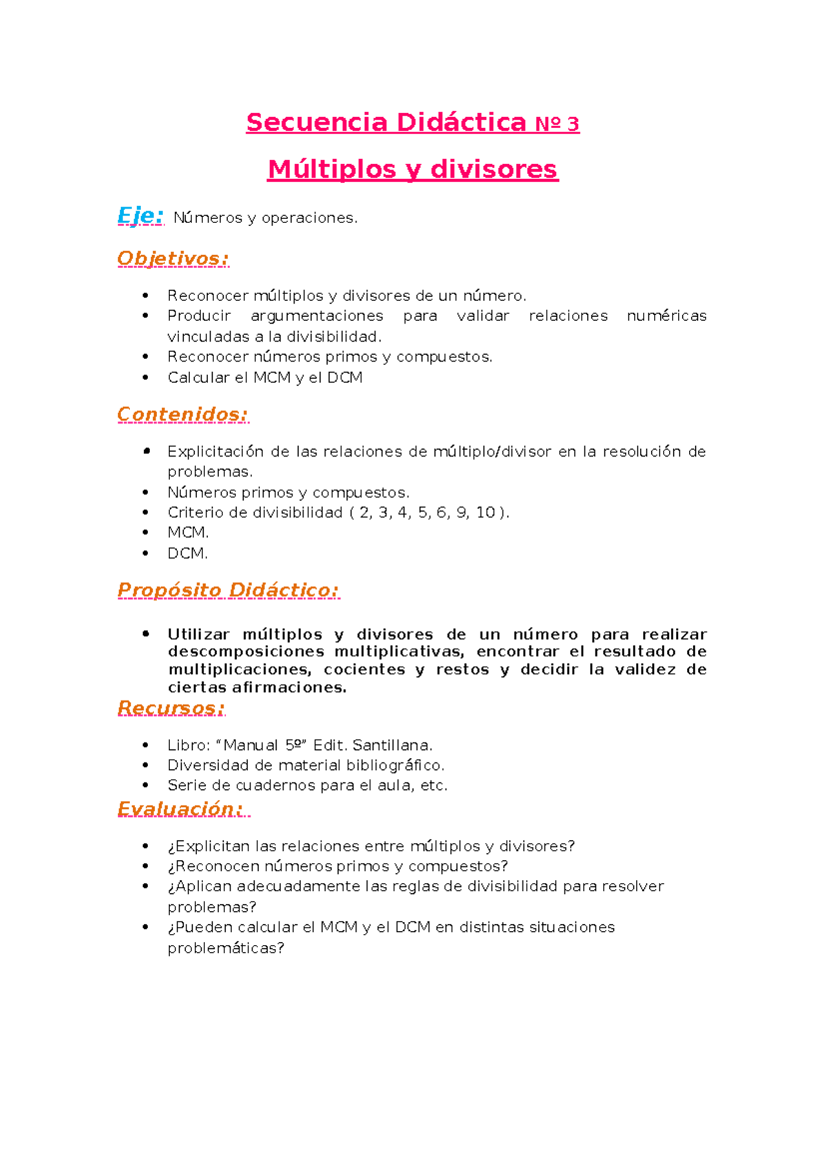 Secuencia Didáctica Nº 3: Múltiplos y Divisores en Números - Studocu