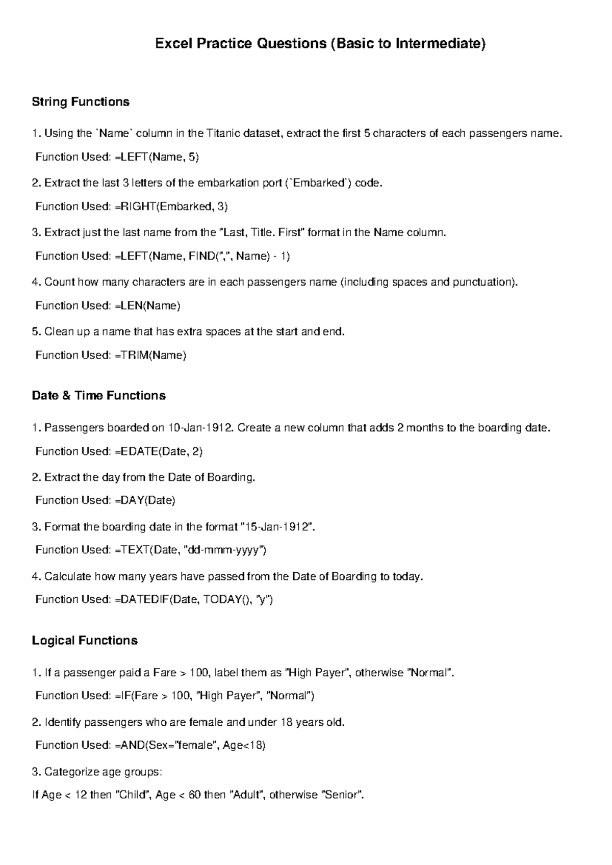 Excel Practice Questions (Basic to Intermediate) - 310520205 - Studocu