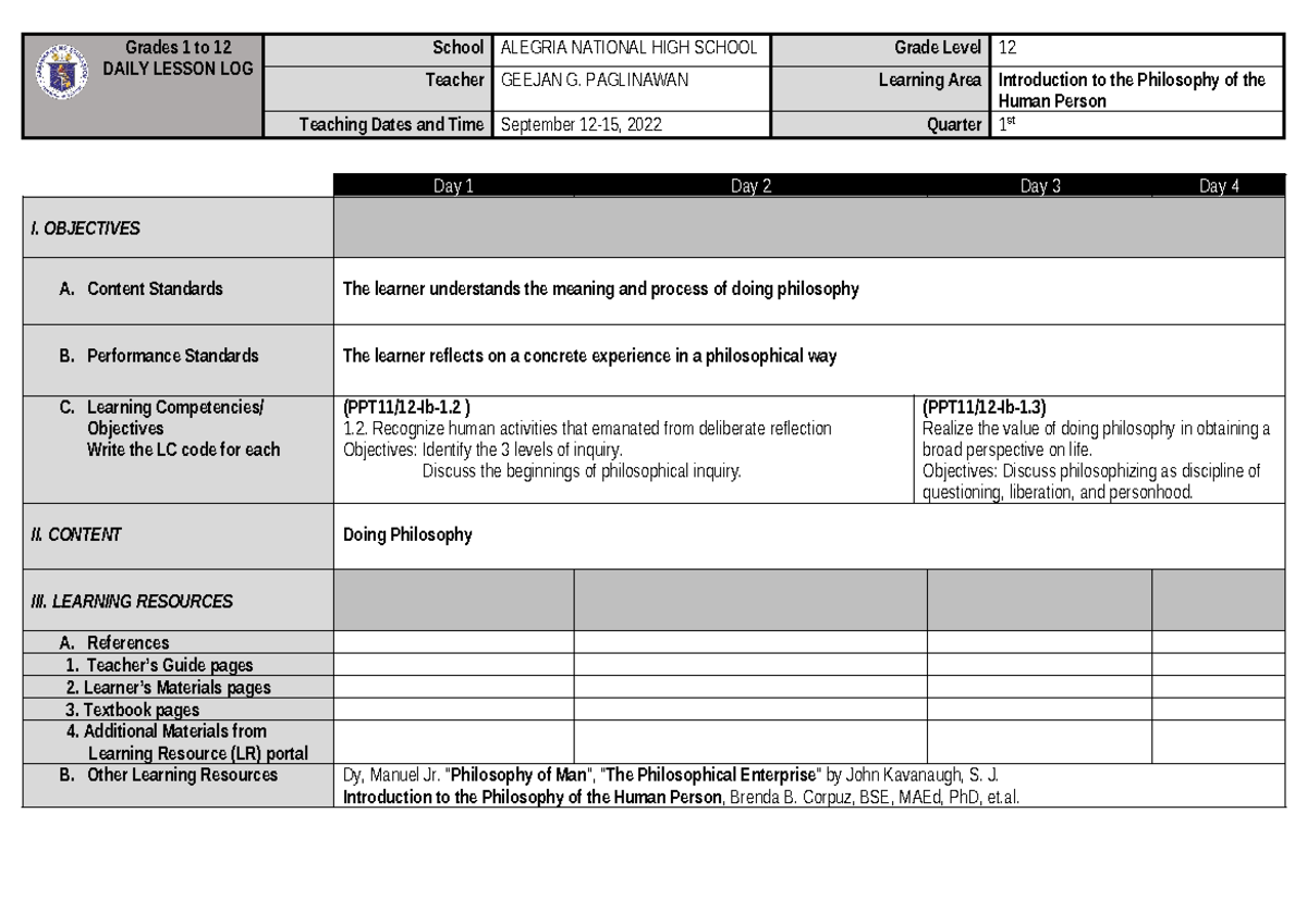 PPT Week b - Daily Lesson Log on Philosophical Inquiry for Grade 12 ...