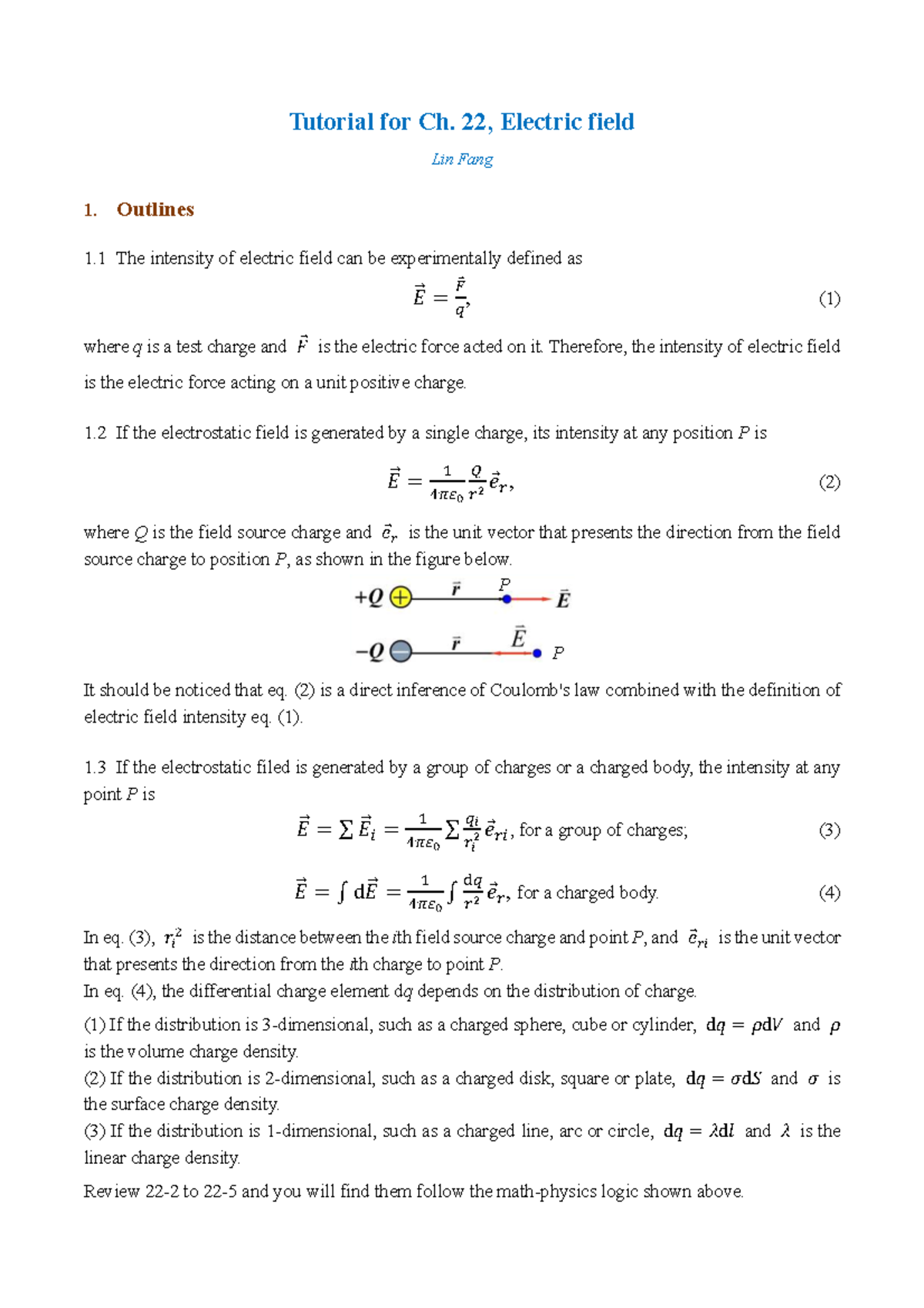 Tutorial 2 - Chapter 22 - Electric field - Tutorial for Ch. 22 ...