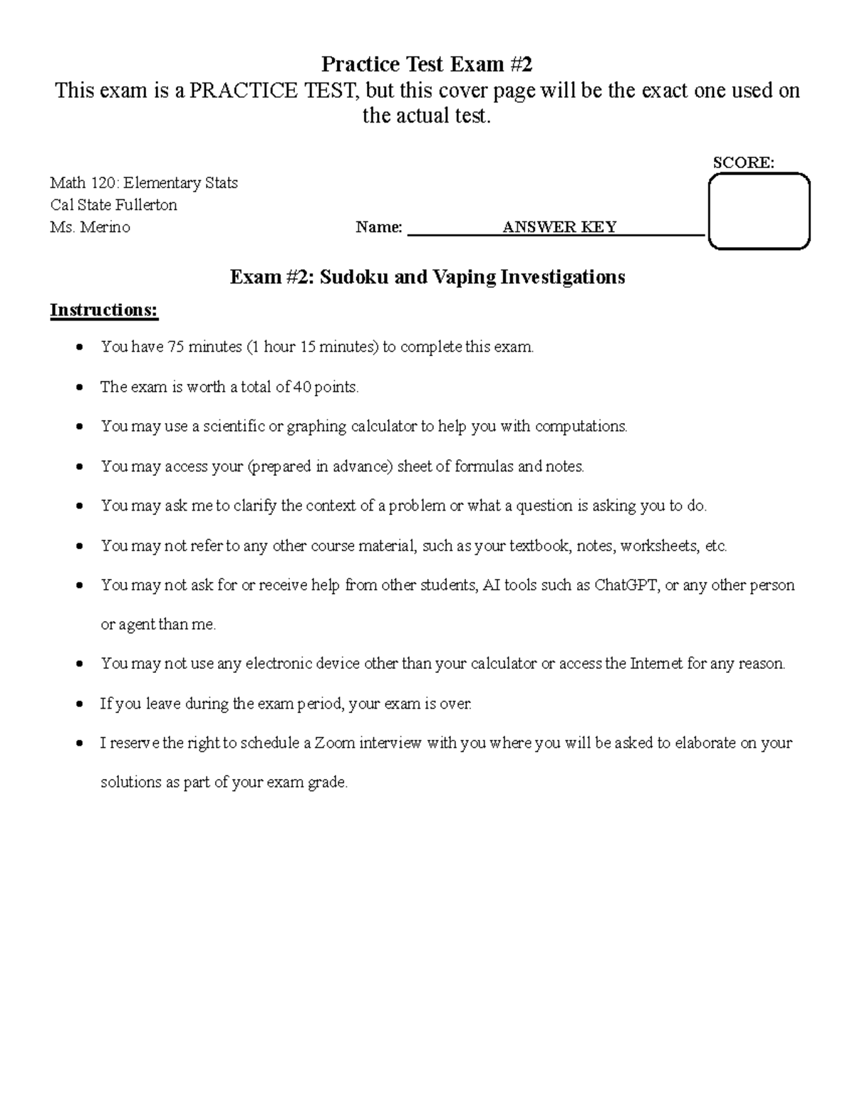 Math 120: Practice Test Exam #2 - Stats - Studocu