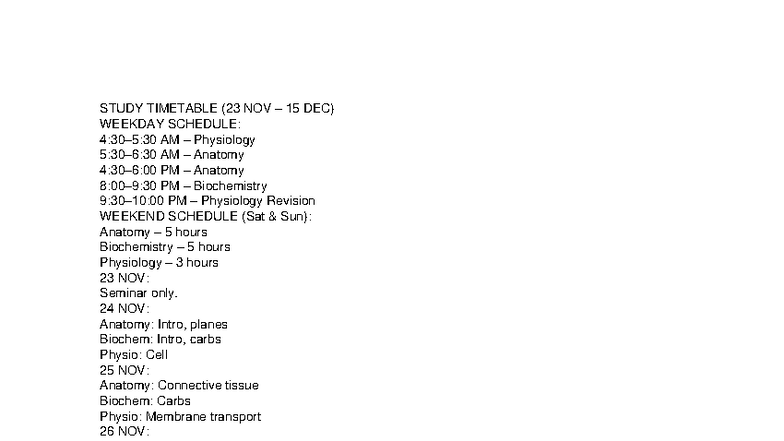 STUDY TIMETABLE (23 NOV - 15 DEC) - LECTURE SCHEDULE - Studocu