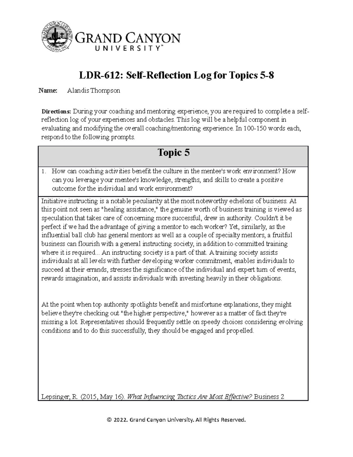 Self-Reflection Log for LDR-612: Topics 5-8 Insights & Experiences ...